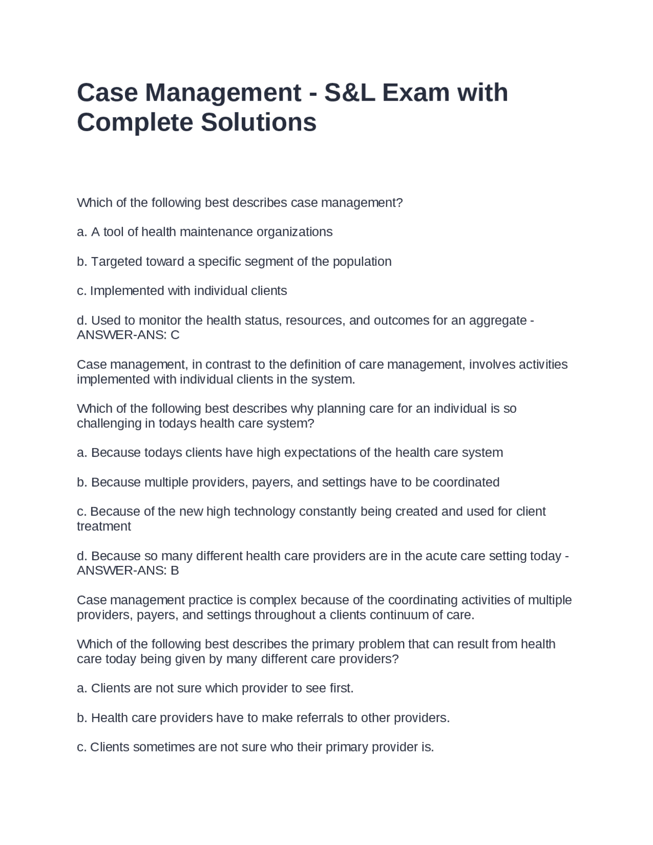 Case Management - S&L Exam with Complete Solutions | Exams Nursing ...