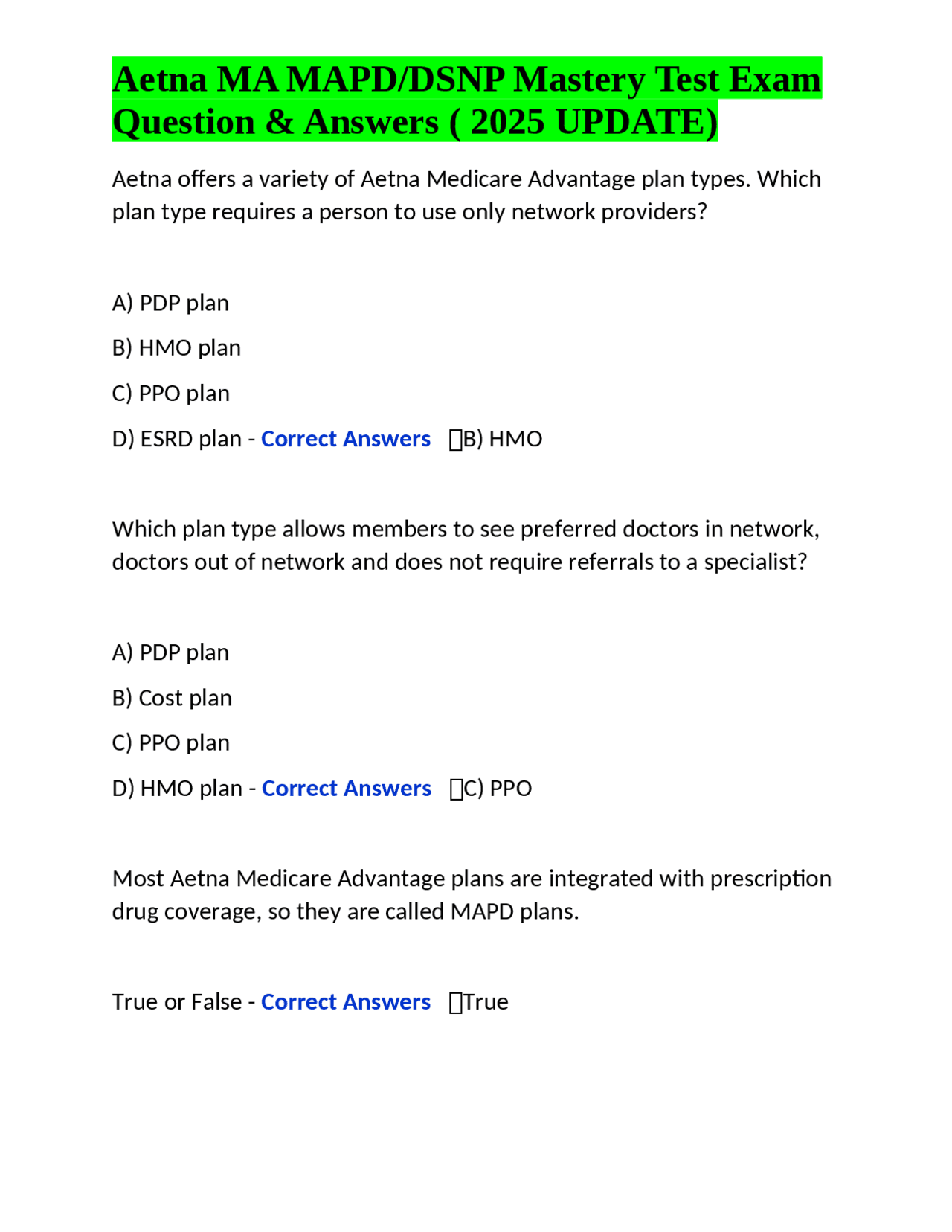 Aetna MA MAPD/DSNP Mastery Test Exam: Questions and Answers (2025 ...