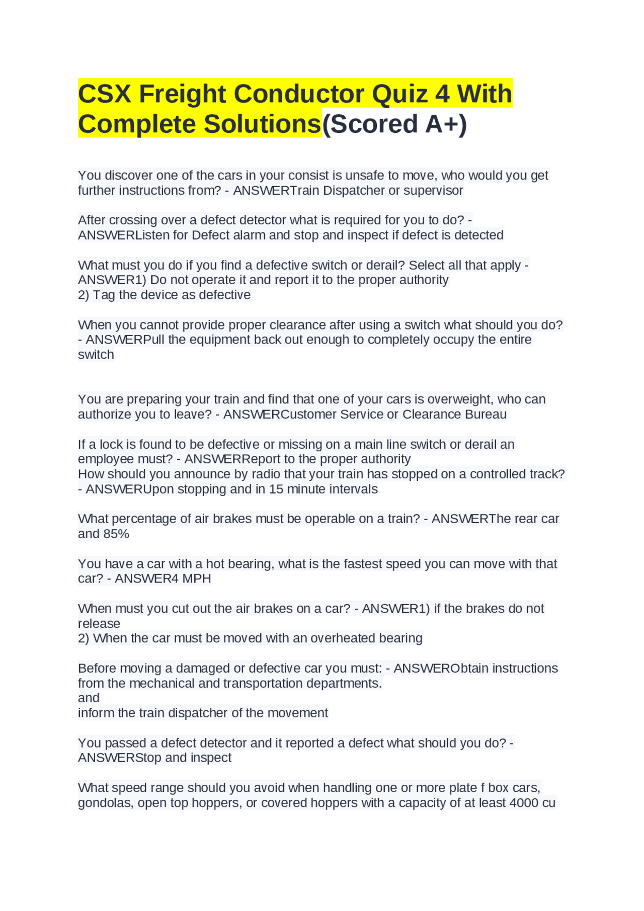 CSX Freight Conductor Quiz 4 With Complete Solutions(Scored A+) | Exams ...