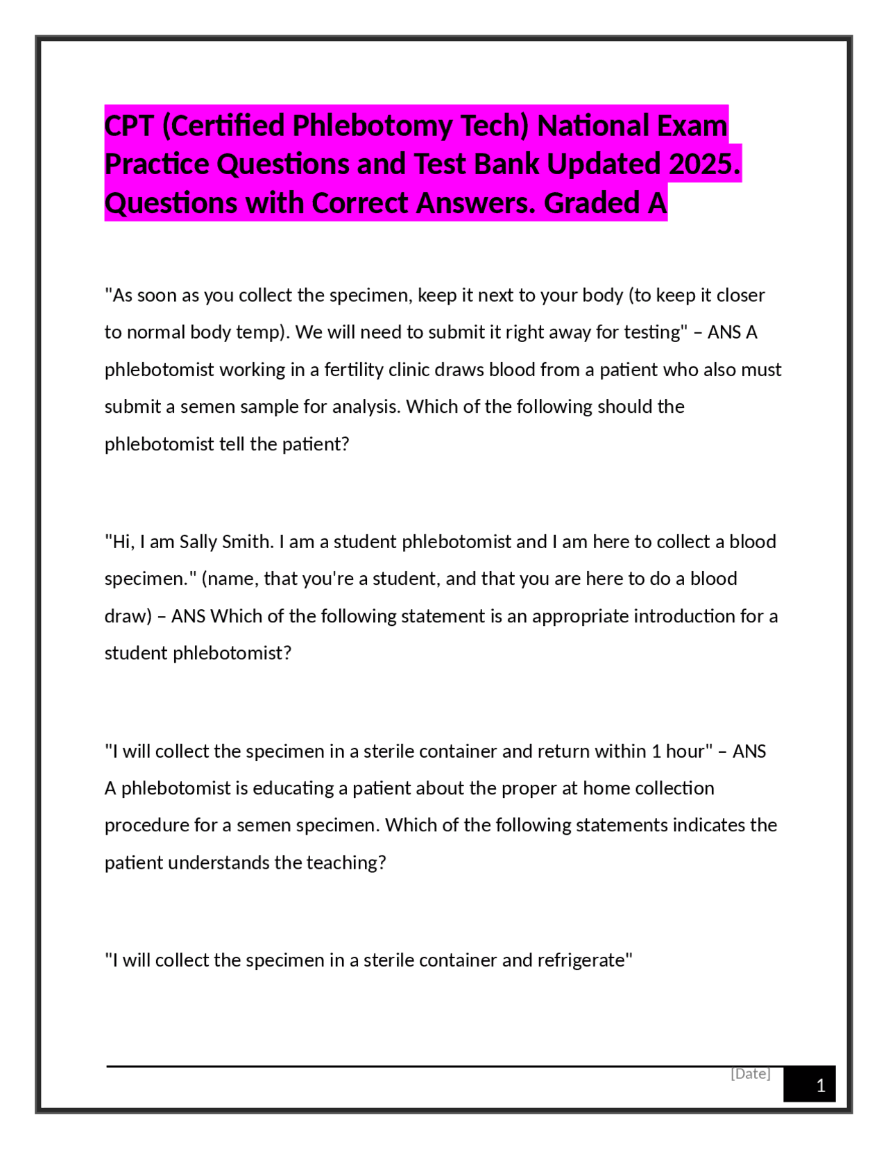 CPT (Certified Phlebotomy Tech) National Exam Practice Questions & Test ...
