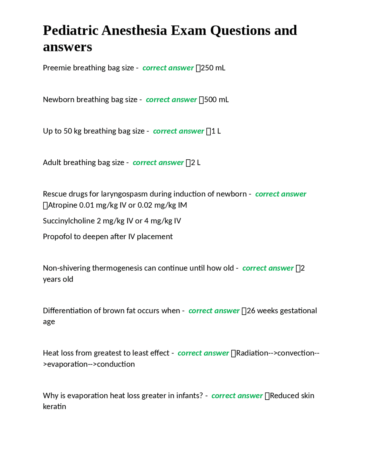 Pediatric Anesthesia Exam Questions and answers | Exams Medicine | Docsity