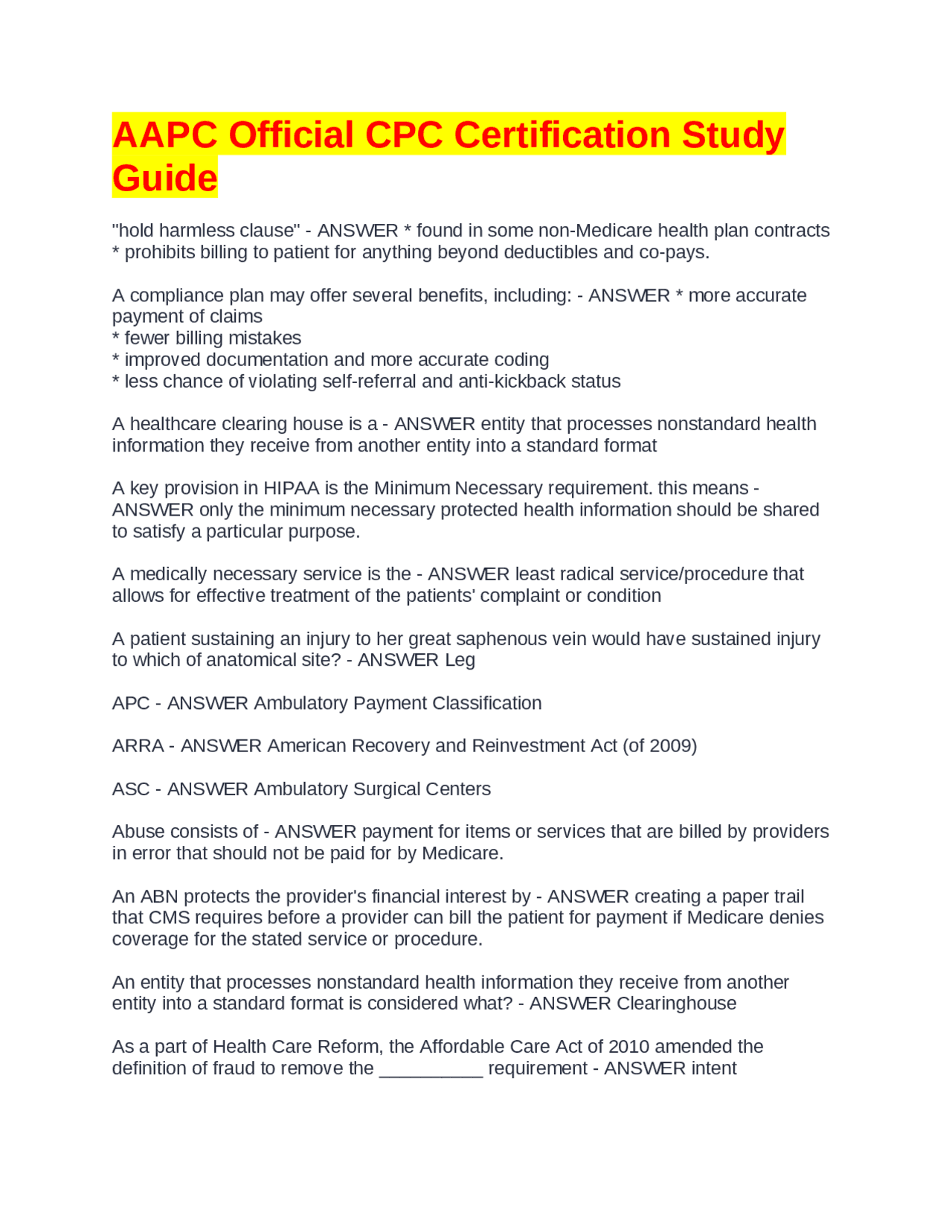 AAPC CPC Certification Study Guide: Key Terms, Definitions & Practice ...