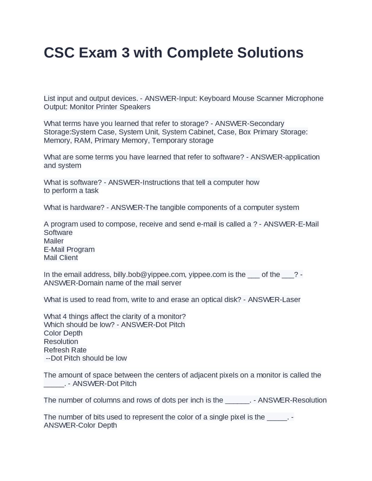Computer Science Exam 3 with Solutions: Hardware, Software, and Storage ...