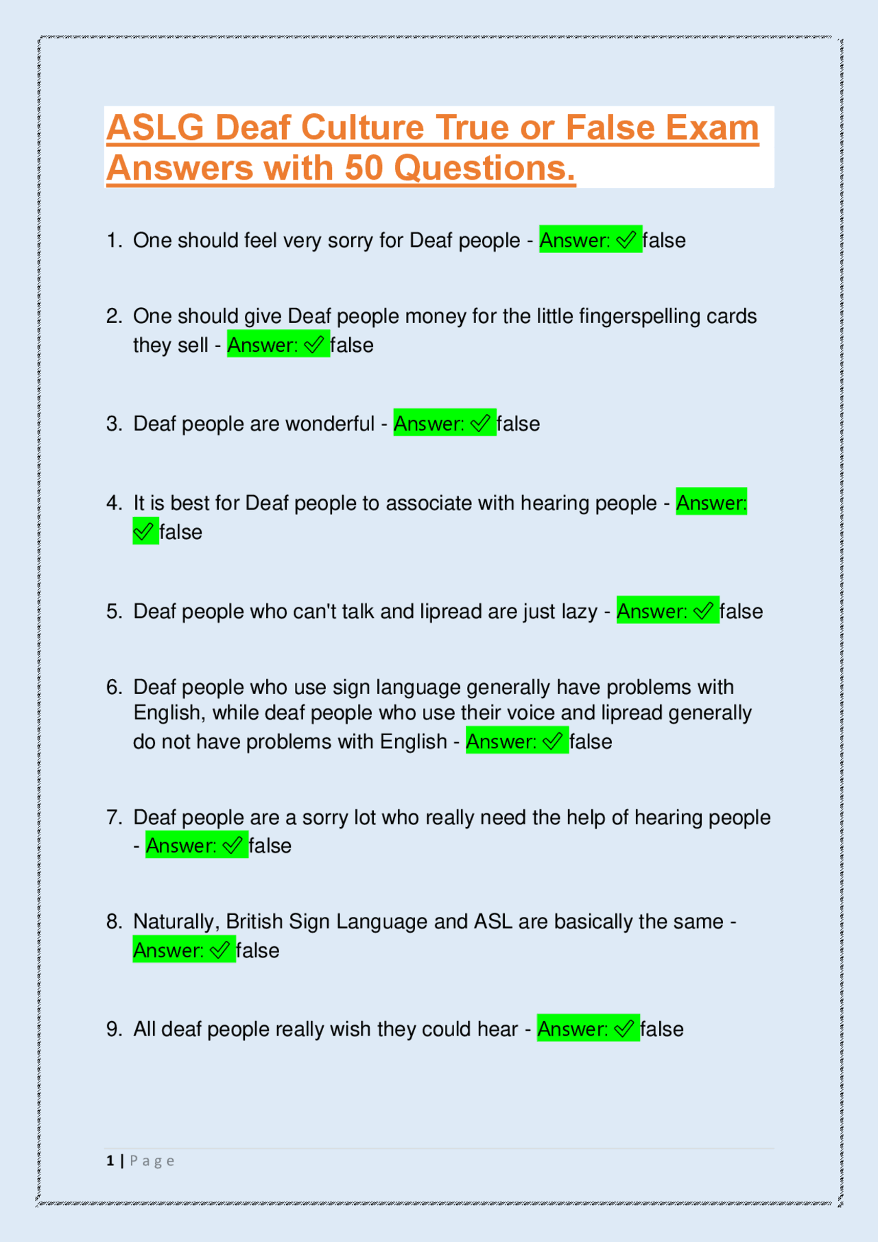 ASLG Deaf Culture True or False Exam: 50 Questions | Exams Sign ...