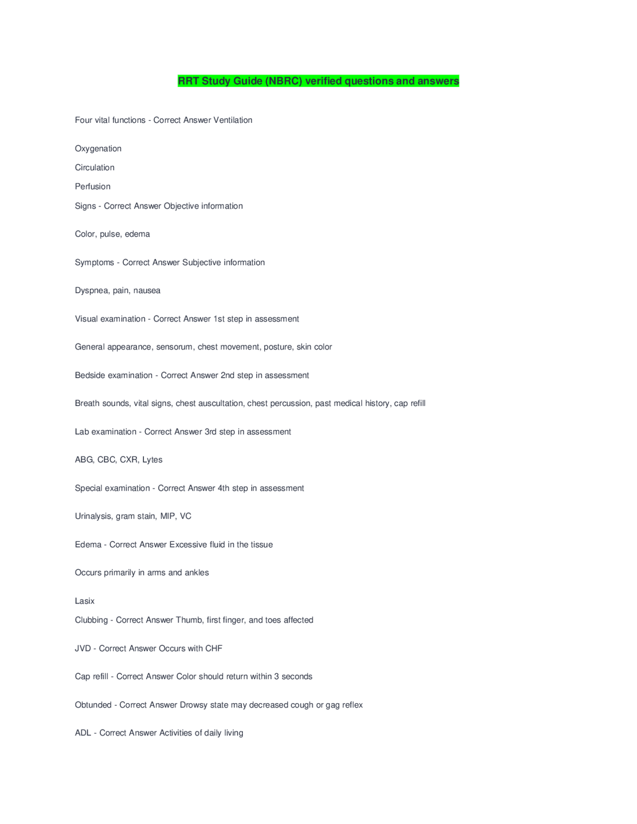 RRT Study Guide (NBRC): Verified Questions and Answers | Exams Medicine ...