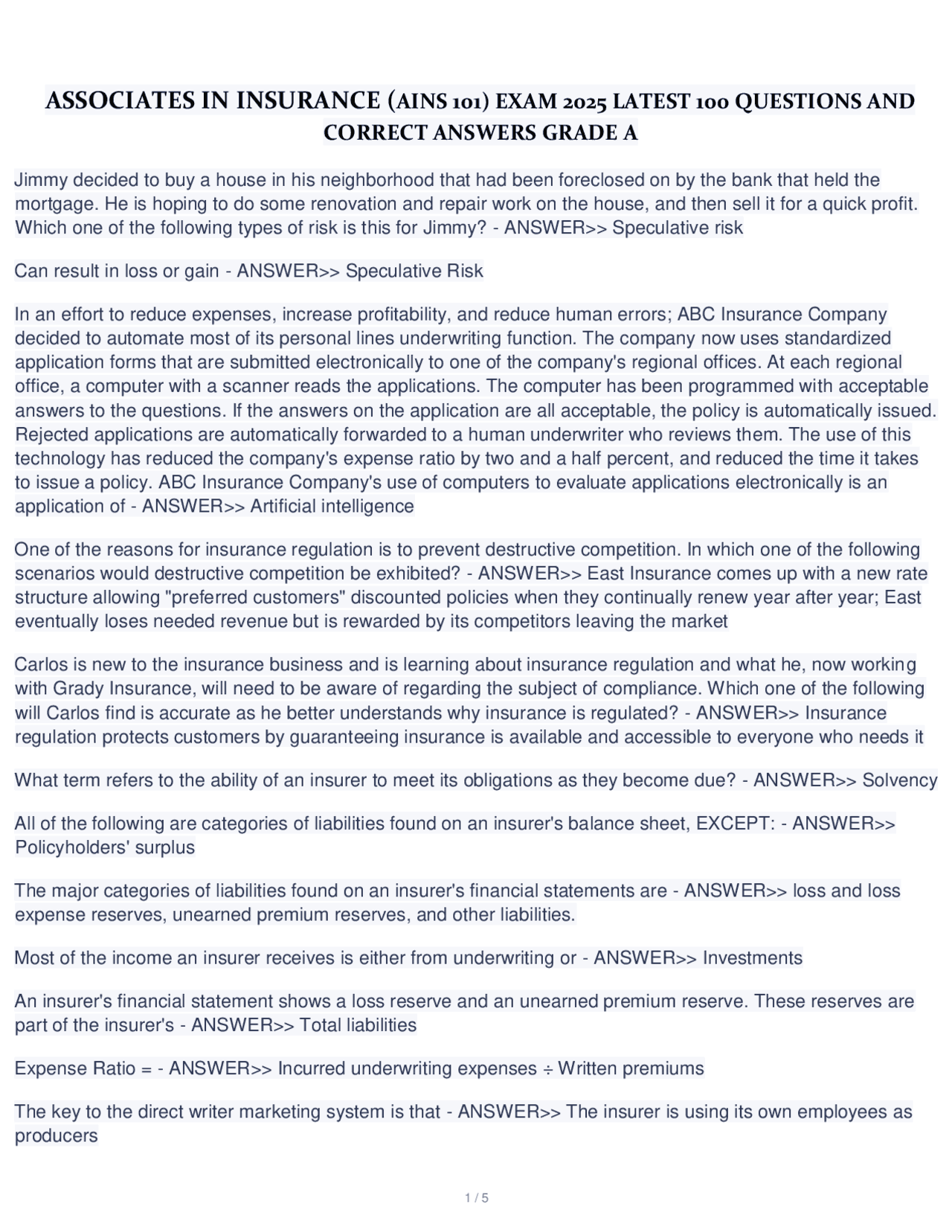 Associates in Insurance (AINS 101) Exam 2025: 100 Questions and Answers ...