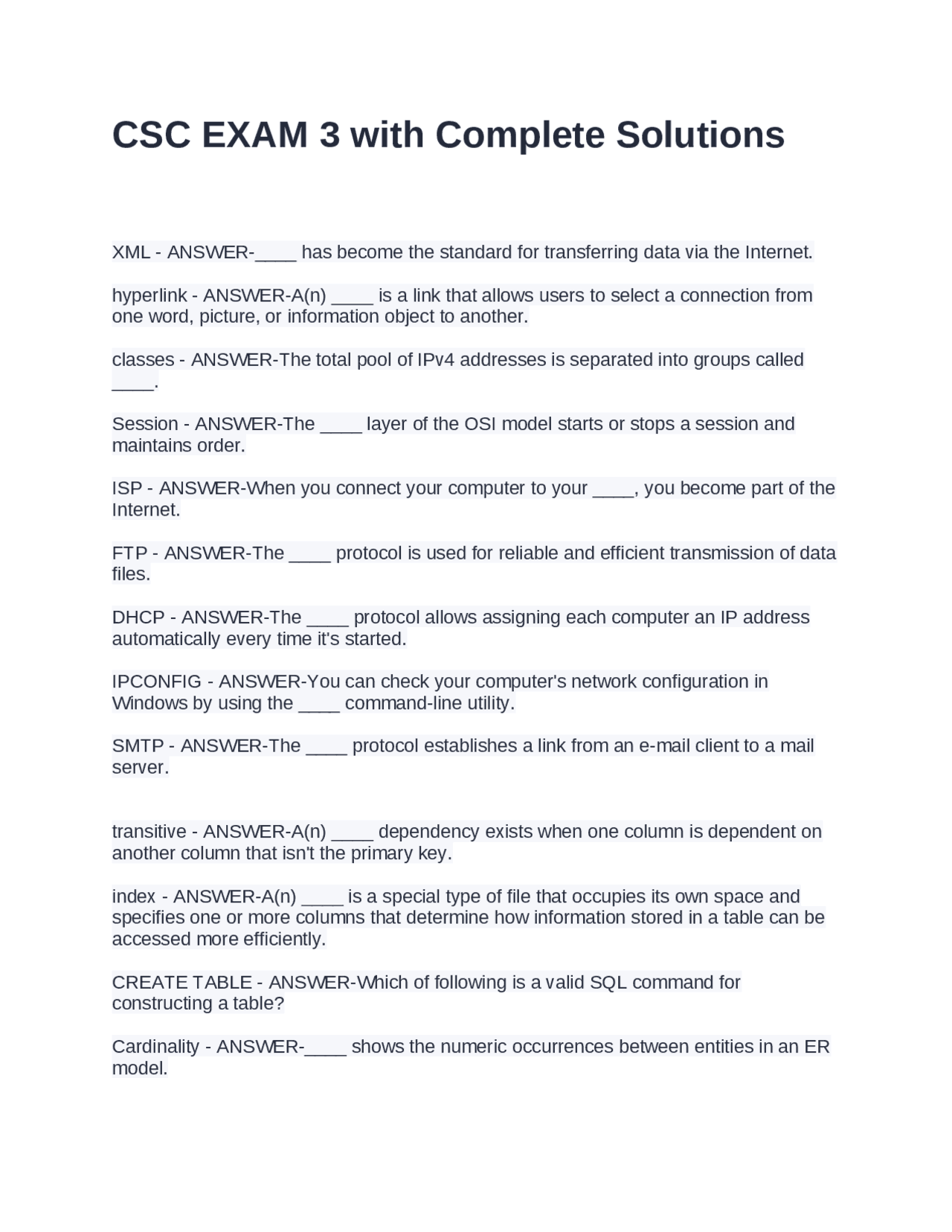 CSC Exam 3 with Complete Solutions: A Comprehensive Review of Computer Science Concepts | Exams ...