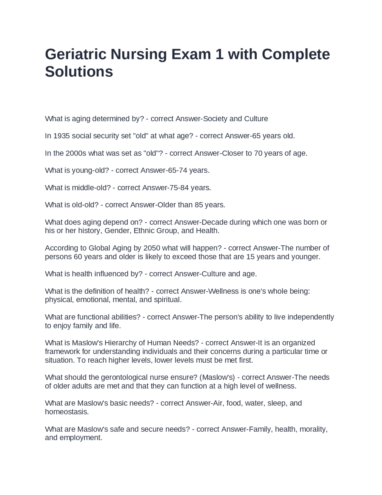 Geriatric Nursing Exam 1 with Complete Solutions | Exams Nursing | Docsity