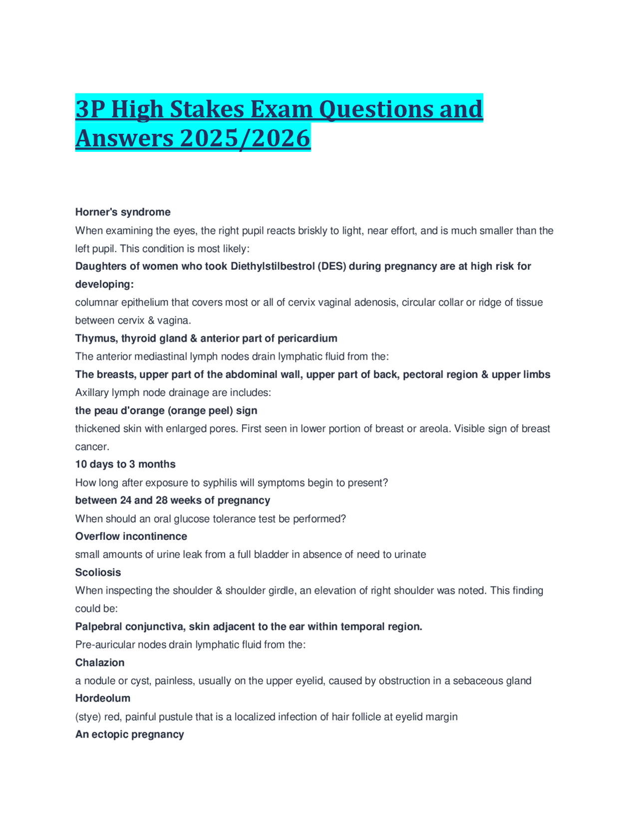 High Stakes Exam Questions and Answers for Medical Professionals ...