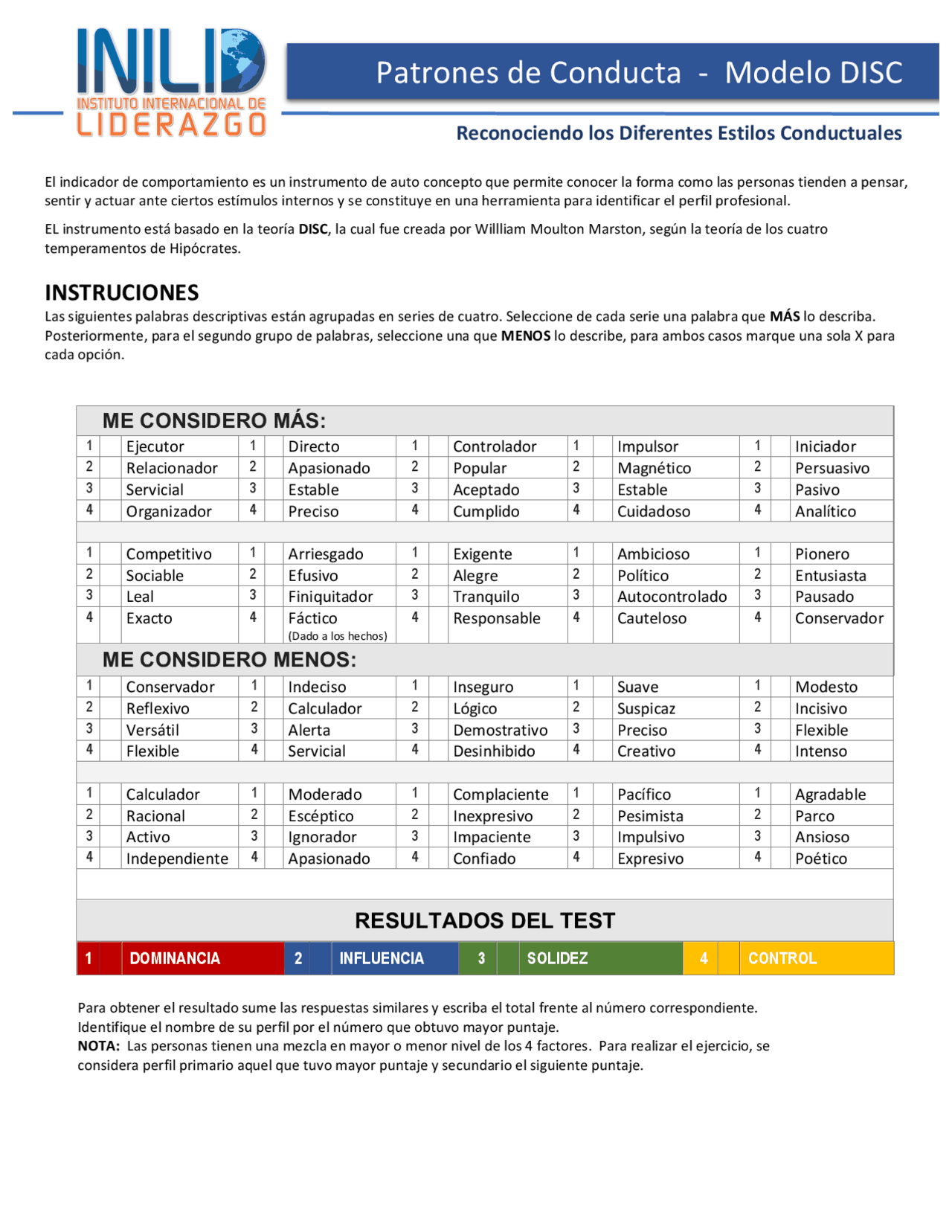 PRUEBA PSICOMETRICA DISC | Exámenes selectividad de Psicología | Docsity