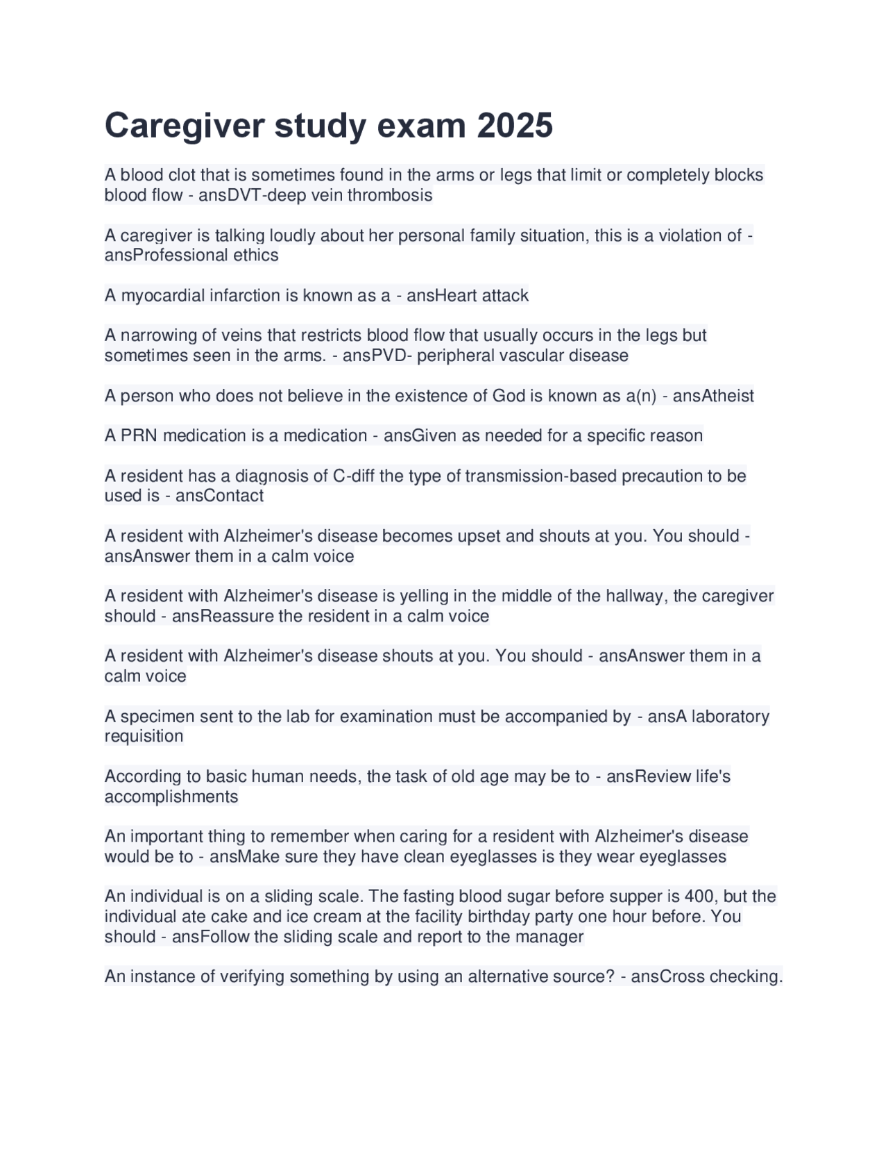 Caregiver Study Exam: Questions and Answers for 2025 | Exams Nursing ...