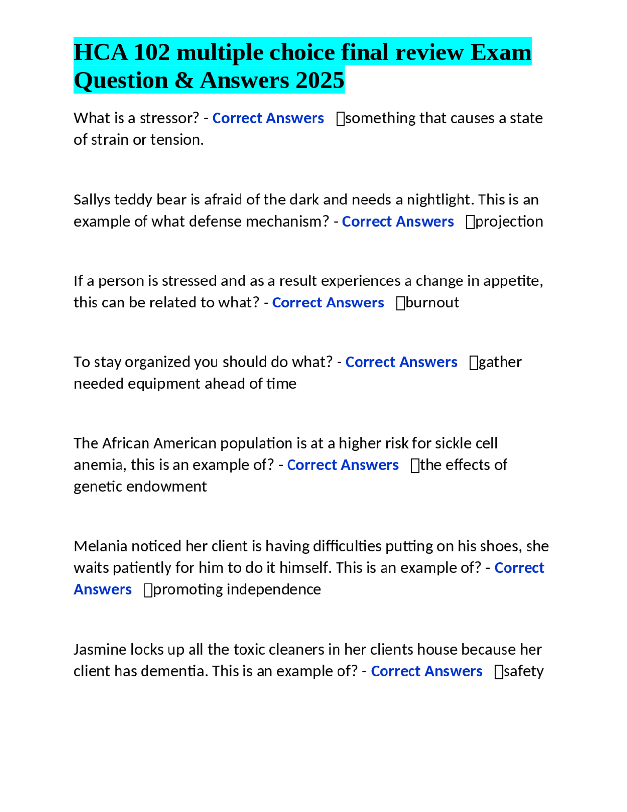 HCA 102 multiple choice final review Exam Question & Answers 2025 | Exams Nursing | Docsity