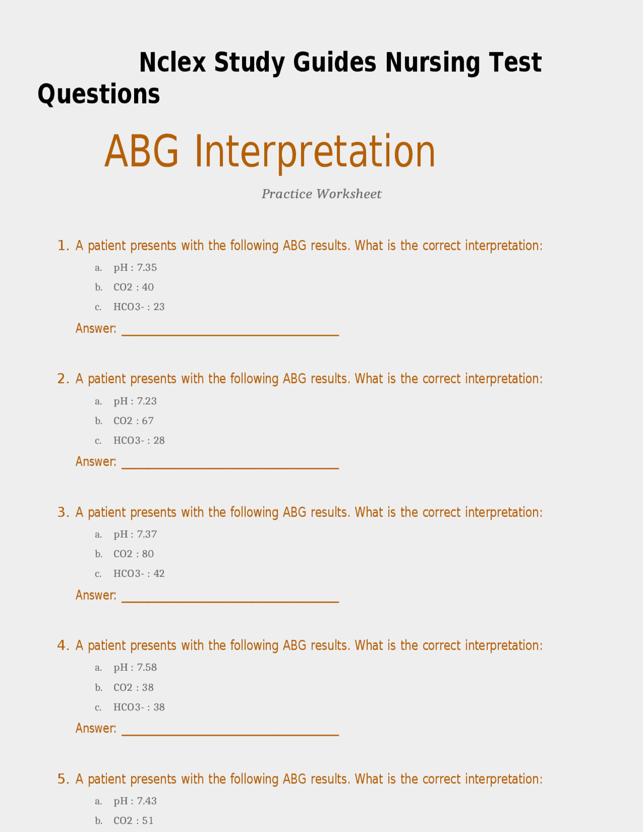 ABG Interpretation and Dose Calculation Practice Worksheet for Nursing ...