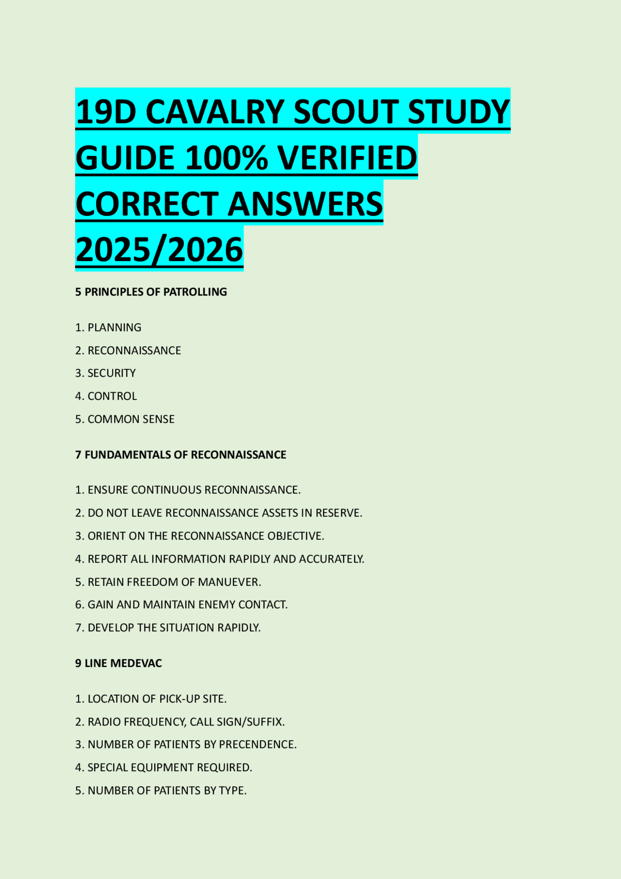 19D CAVALRY SCOUT STUDY GUIDE 100% VERIFIED CORRECT ANSWERS 2025/2026 ...