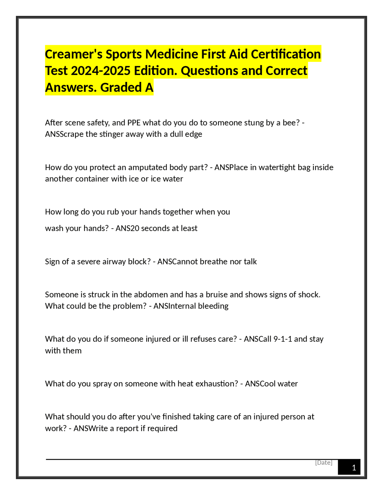 Creamer's Sports Medicine First Aid Certification Test 2024-2025 ...