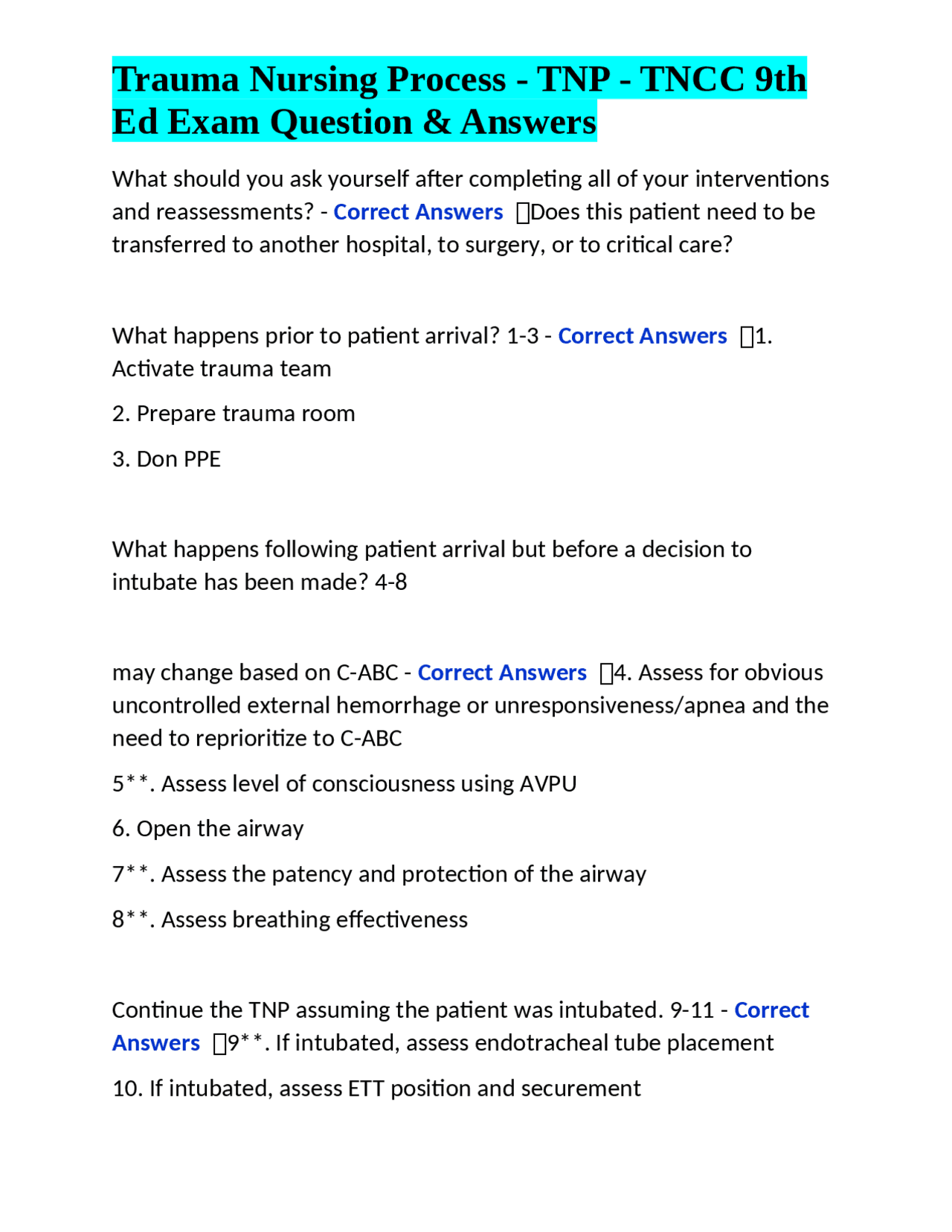 Trauma Nursing Process (TNP) - TNCC 9th Ed Exam Questions & Answers ...