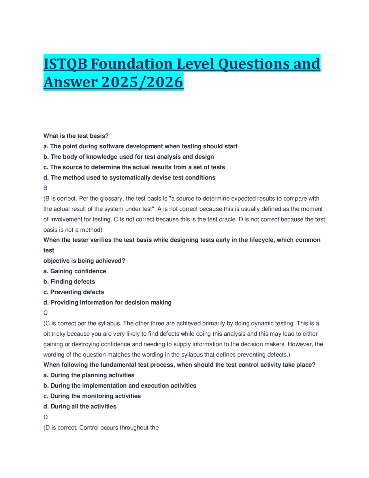 ISTQB Foundation Level Questions and Answers 2025/2026 | Exams Computer Networks | Docsity