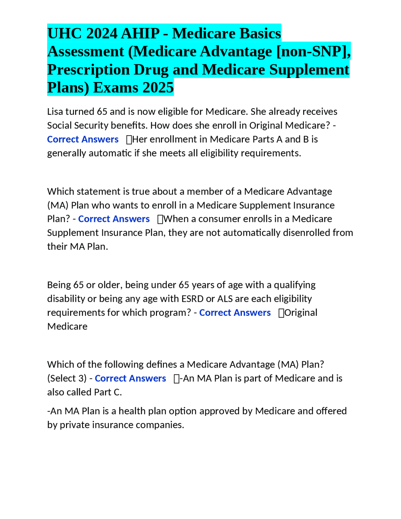 UHC 2024 AHIP - Medicare Basics Assessment (Medicare Advantage [non-SNP ...
