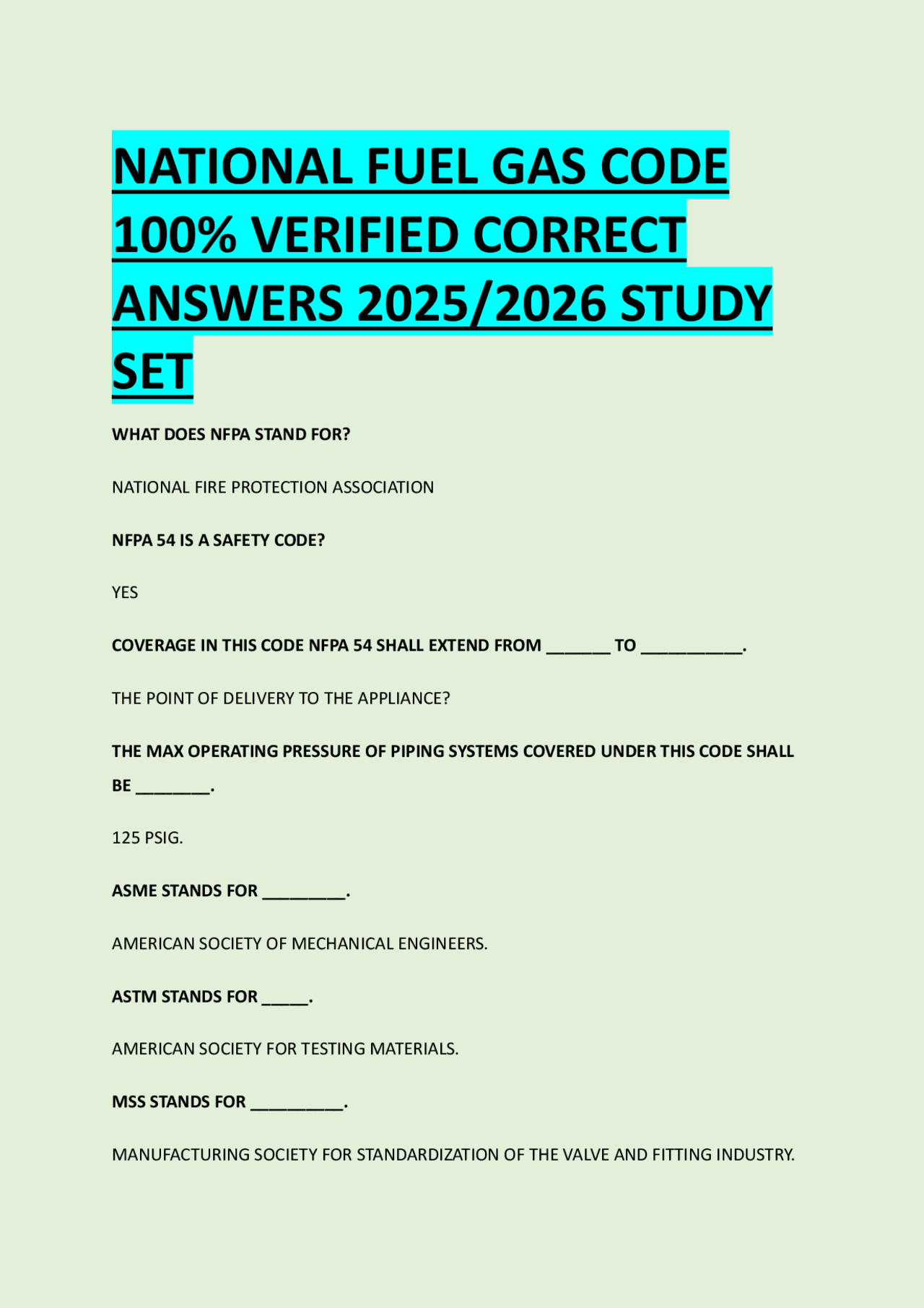 NATIONAL FUEL GAS CODE 100% VERIFIED CORRECT ANSWERS 2025/2026 STUDY ...