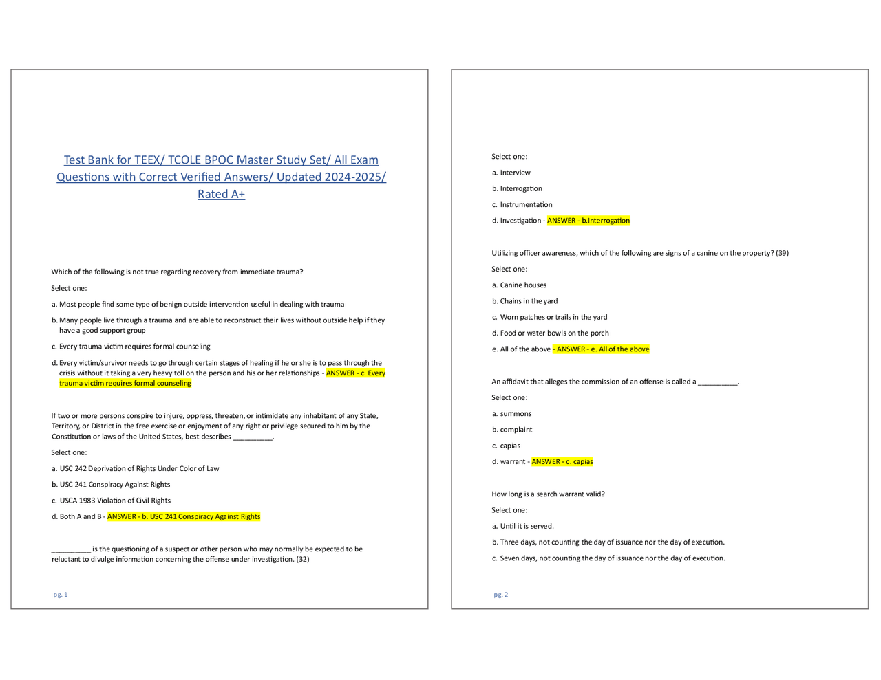 TEEX/TCOLE BPOC Master Study Set: Exam Questions and Answers | Exams ...