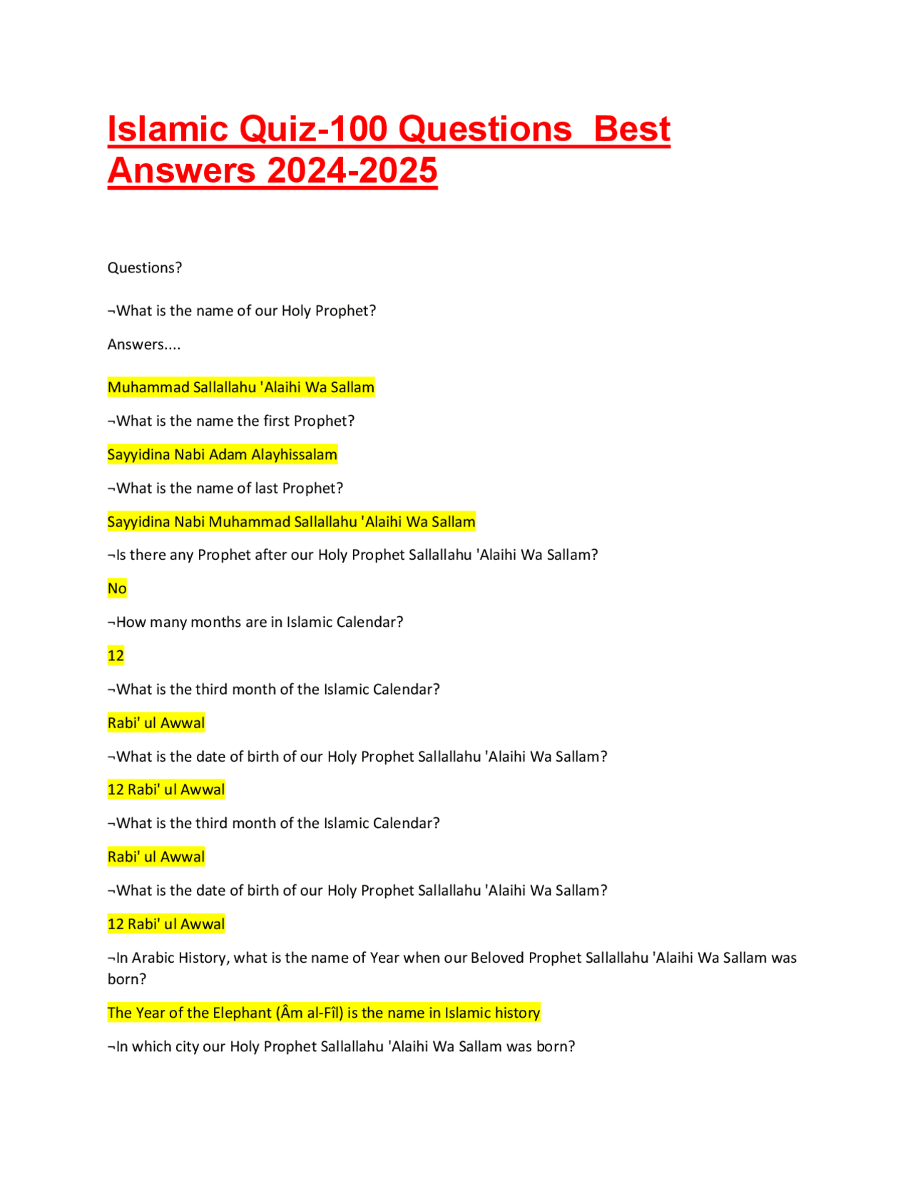 Islamic Knowledge Questions And Answers