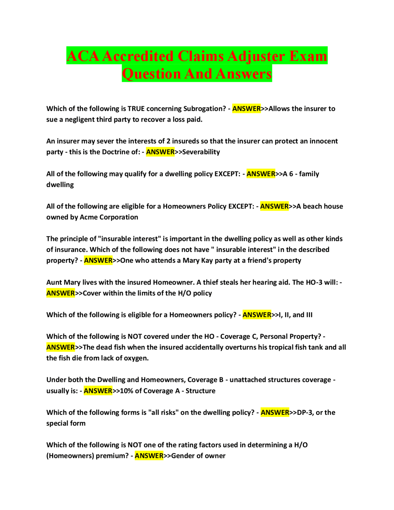 ACA Accredited Claims Adjuster Exam: Questions and Answers | Exams ...