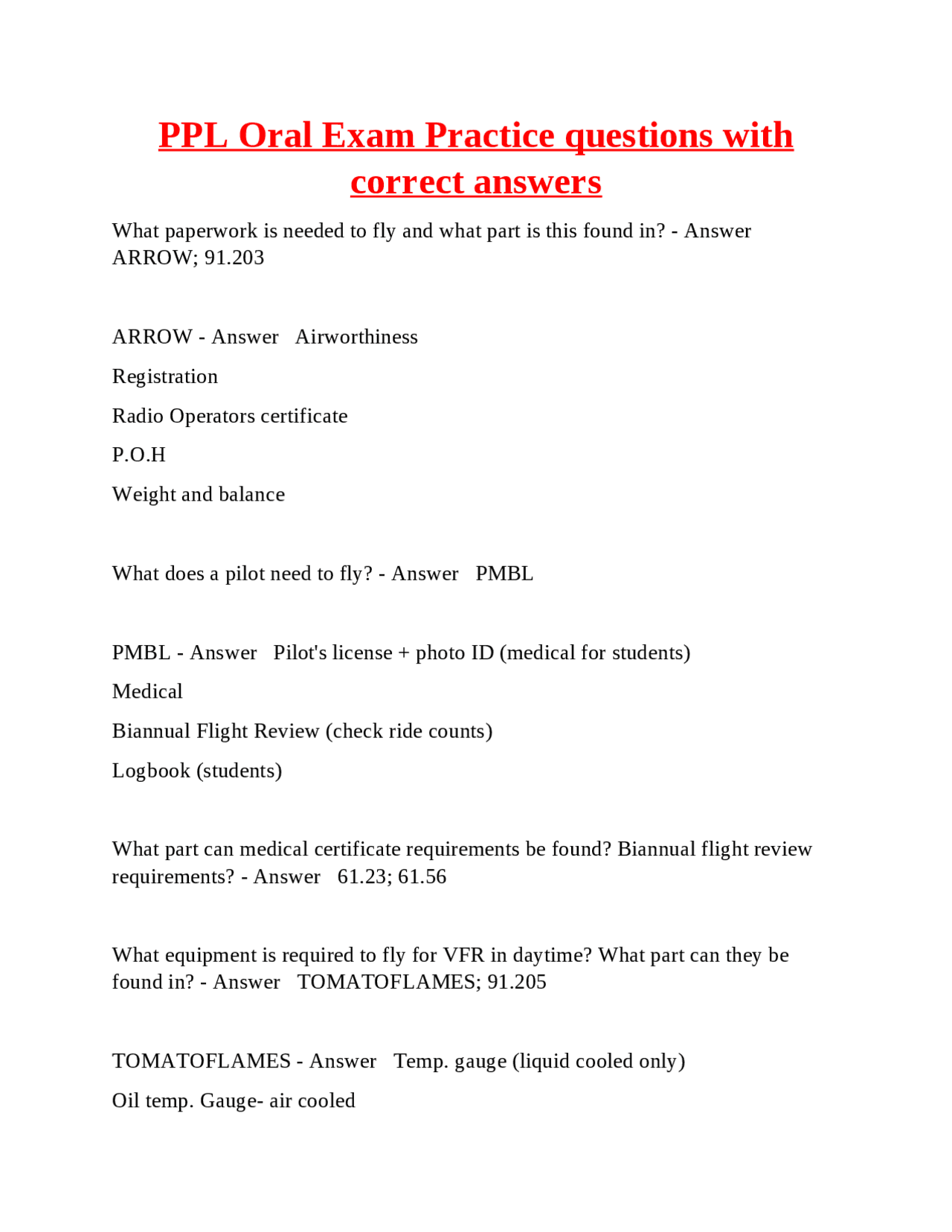 PPL Oral Exam Practice Questions and Answers for Aviation Students ...