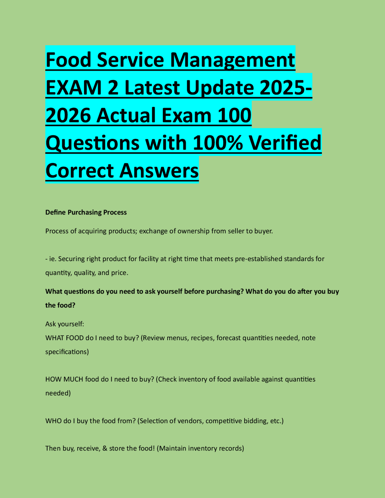 Food Service Management EXAM 2 Latest Update 2025 2026 Actual Exam 100 ...
