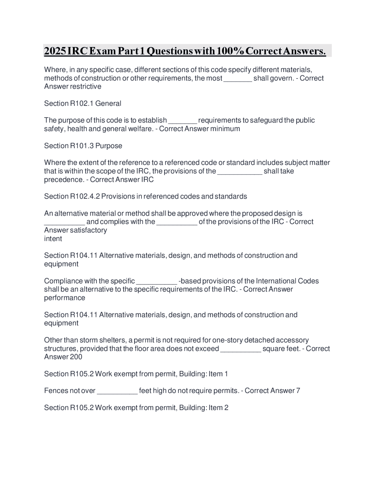 2025 IRC Exam Part 1 Questions with 100% Correct Answers. | Exams ...