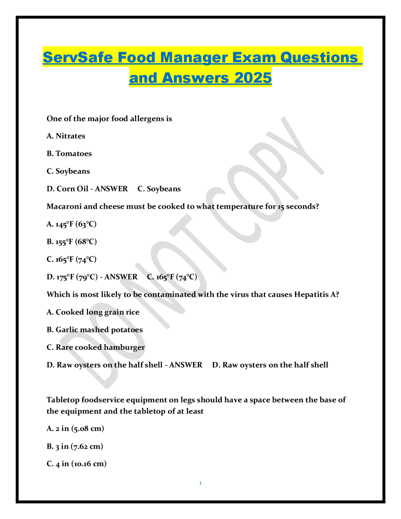 ServSafe Food Manager Exam Questions and Answers 2025 | Exams Nursing ...