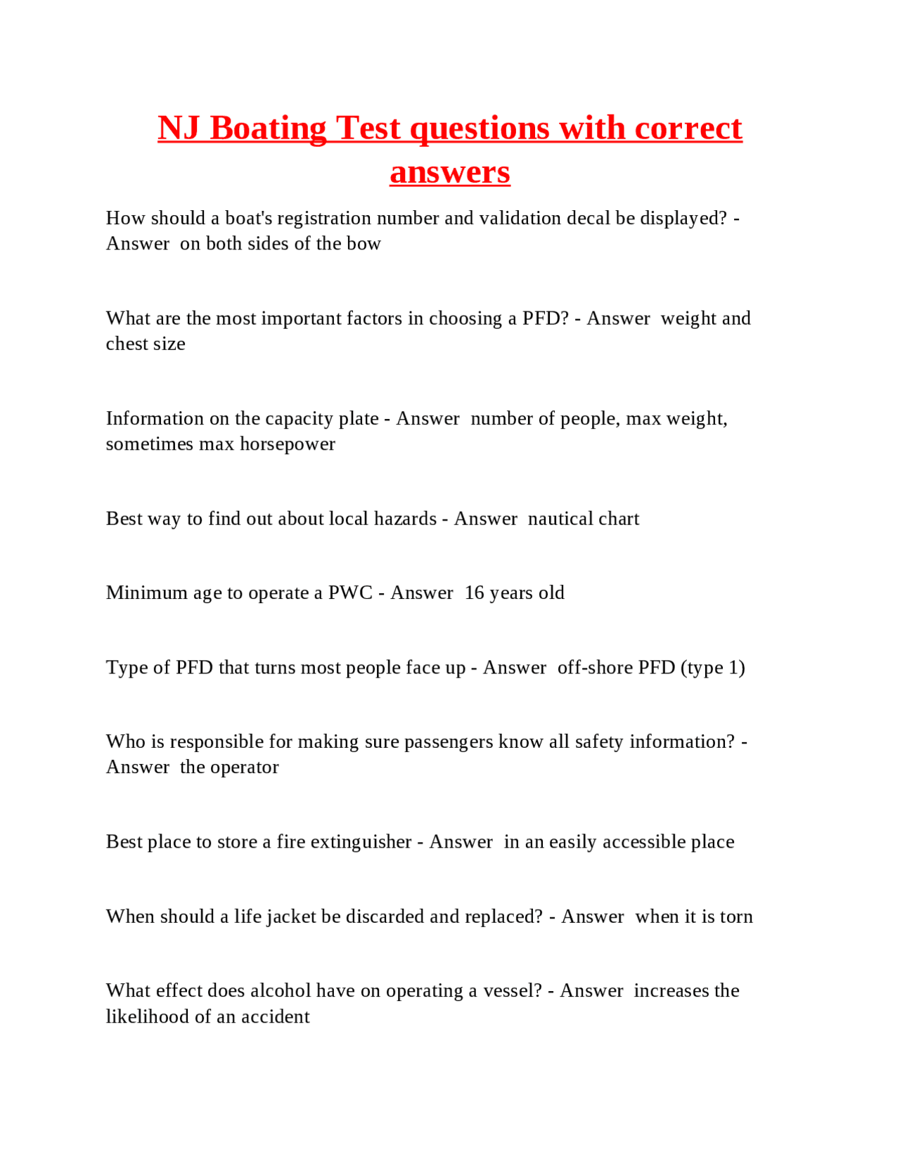 NJ Boating Test Questions and Answers | Exams Law | Docsity