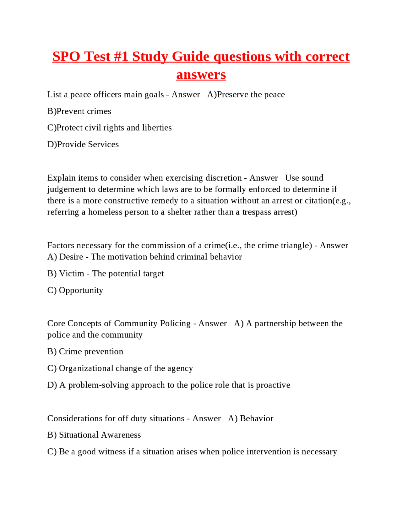 SPO Test #1 Study Guide: Law Enforcement Ethics, Procedures, and Legal ...