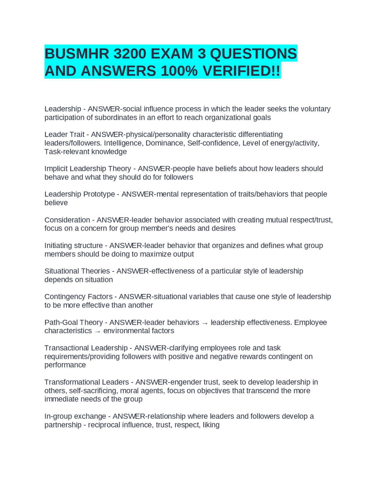 BUSMHR 3200 Exam 3 Questions and Answers: Leadership, Training, and Performance Management ...