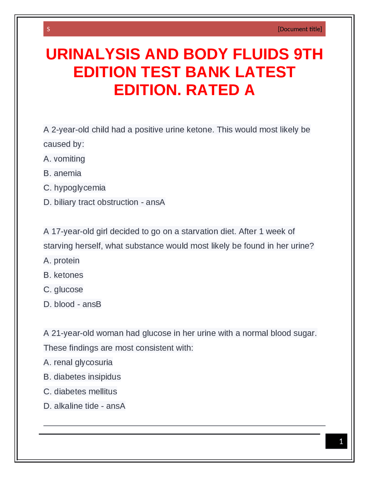 URINALYSIS AND BODY FLUIDS 9TH EDITION TEST BANK LATEST EDITION. RATED ...
