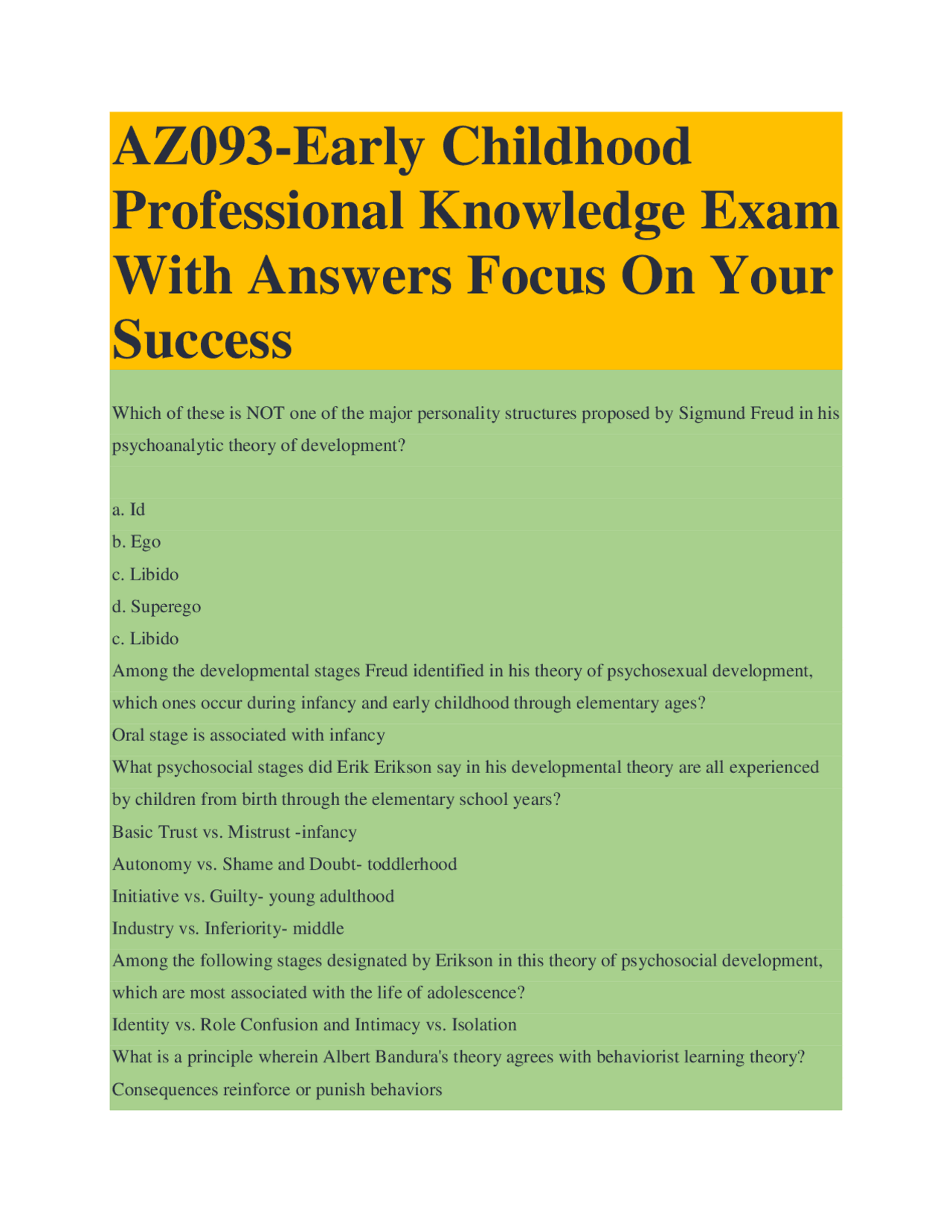 Early Childhood Professional Knowledge Exam with Answers: Focus on Your ...