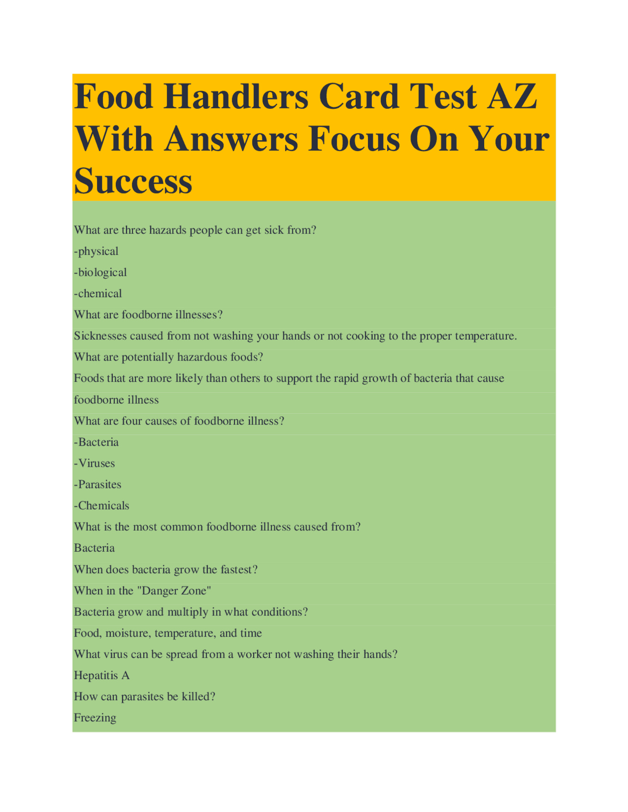 Food Handlers Card Test AZ: Questions and Answers | Exams Public Health ...