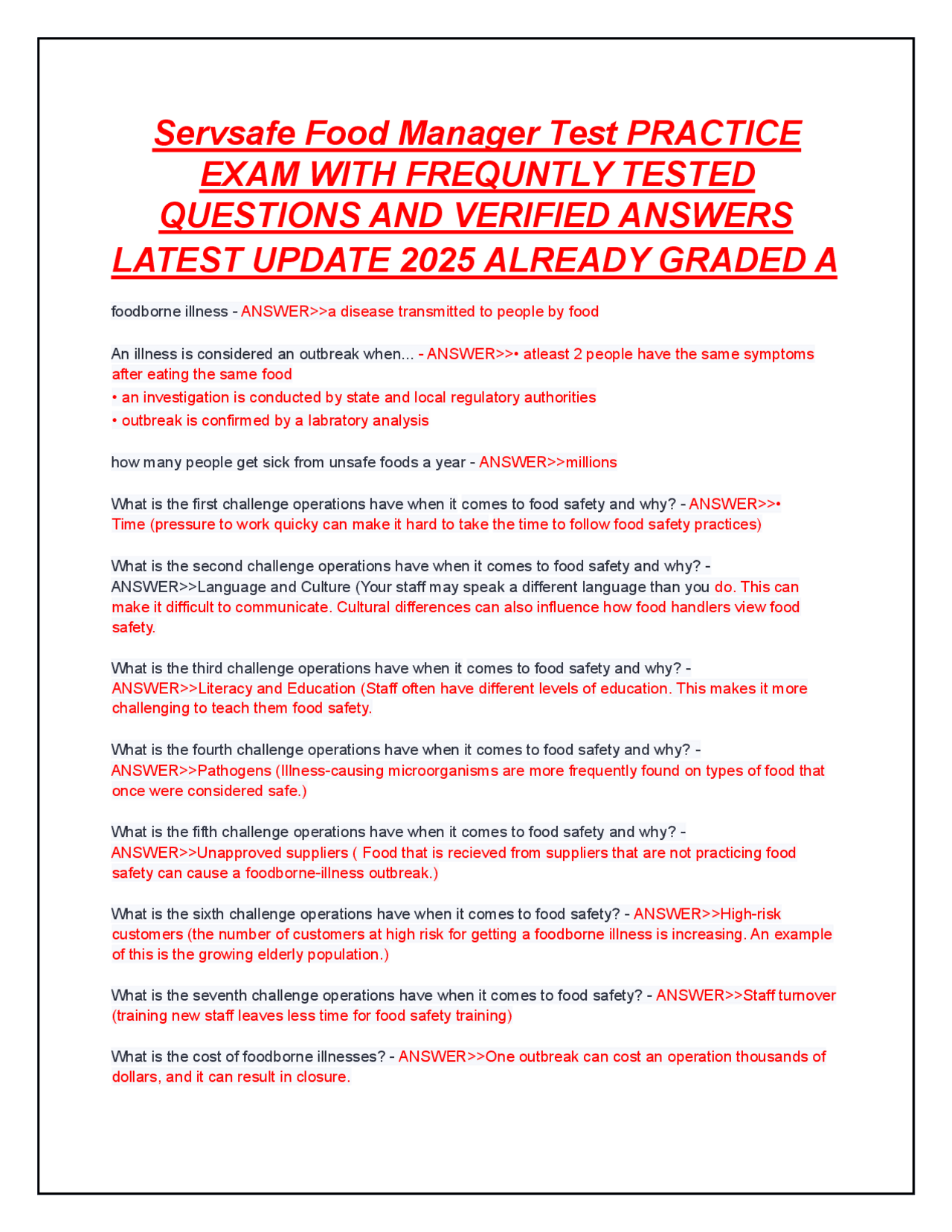 Servsafe Food Manager Test PRACTICE EXAM WITH FREQUNTLY TESTED ...