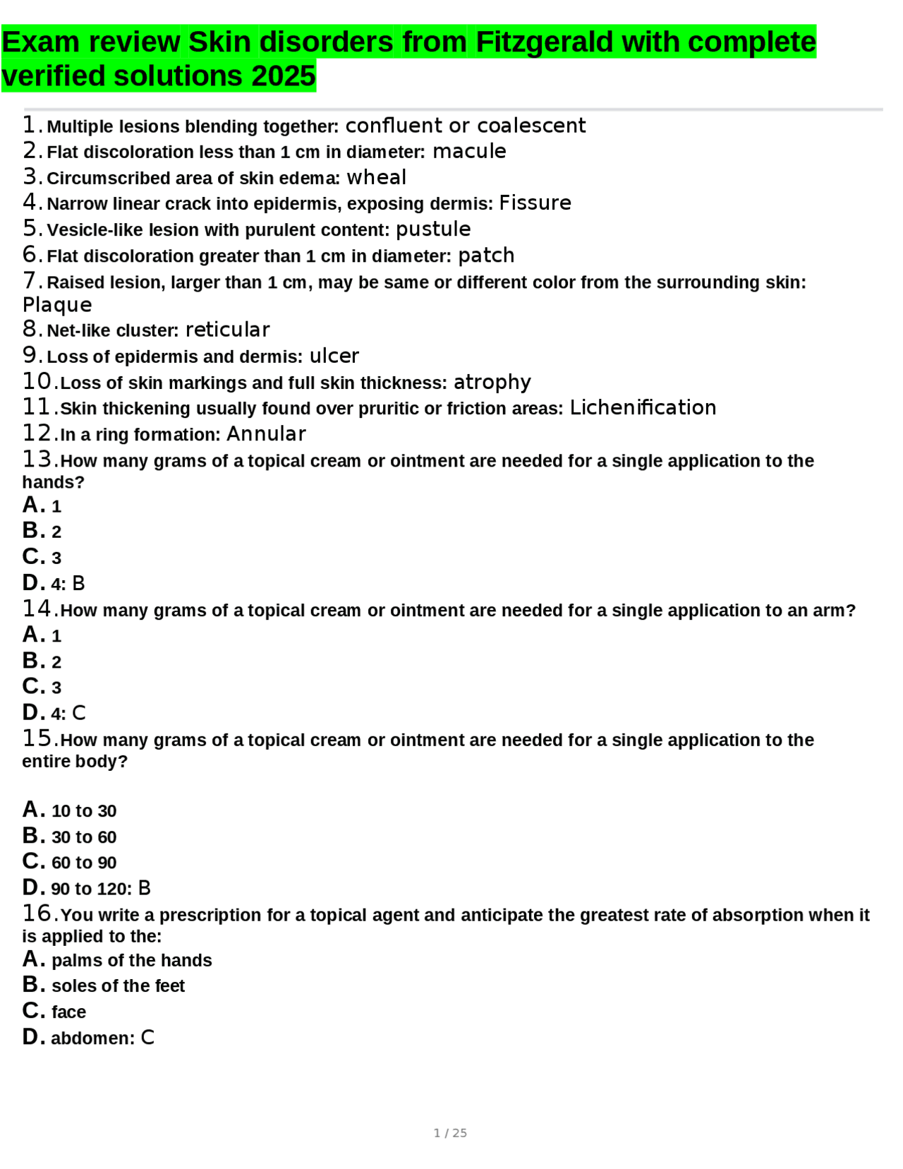 Exam Review: Skin Disorders from Fitzgerald with Complete Verified ...