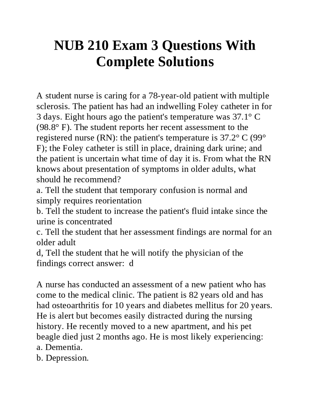 NUB 210 Exam 3 Questions With Complete Solutions: Gerontology | Exams ...
