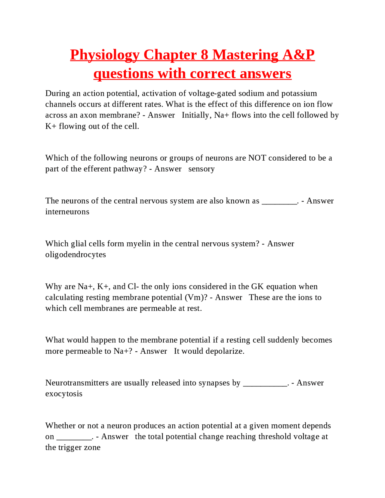 Physiology Chapter 8 Mastering A&P: Questions and Answers | Exams Nursing | Docsity