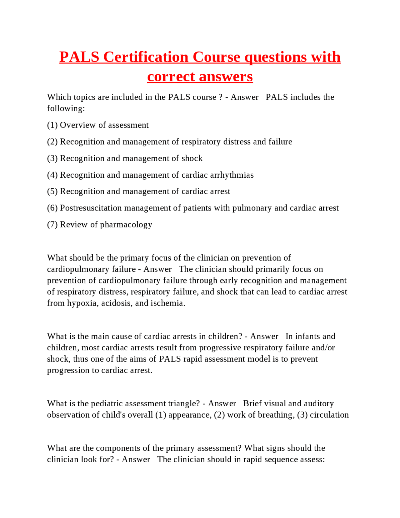 PALS Certification: Questions & Answers Guide | Exams Nursing | Docsity