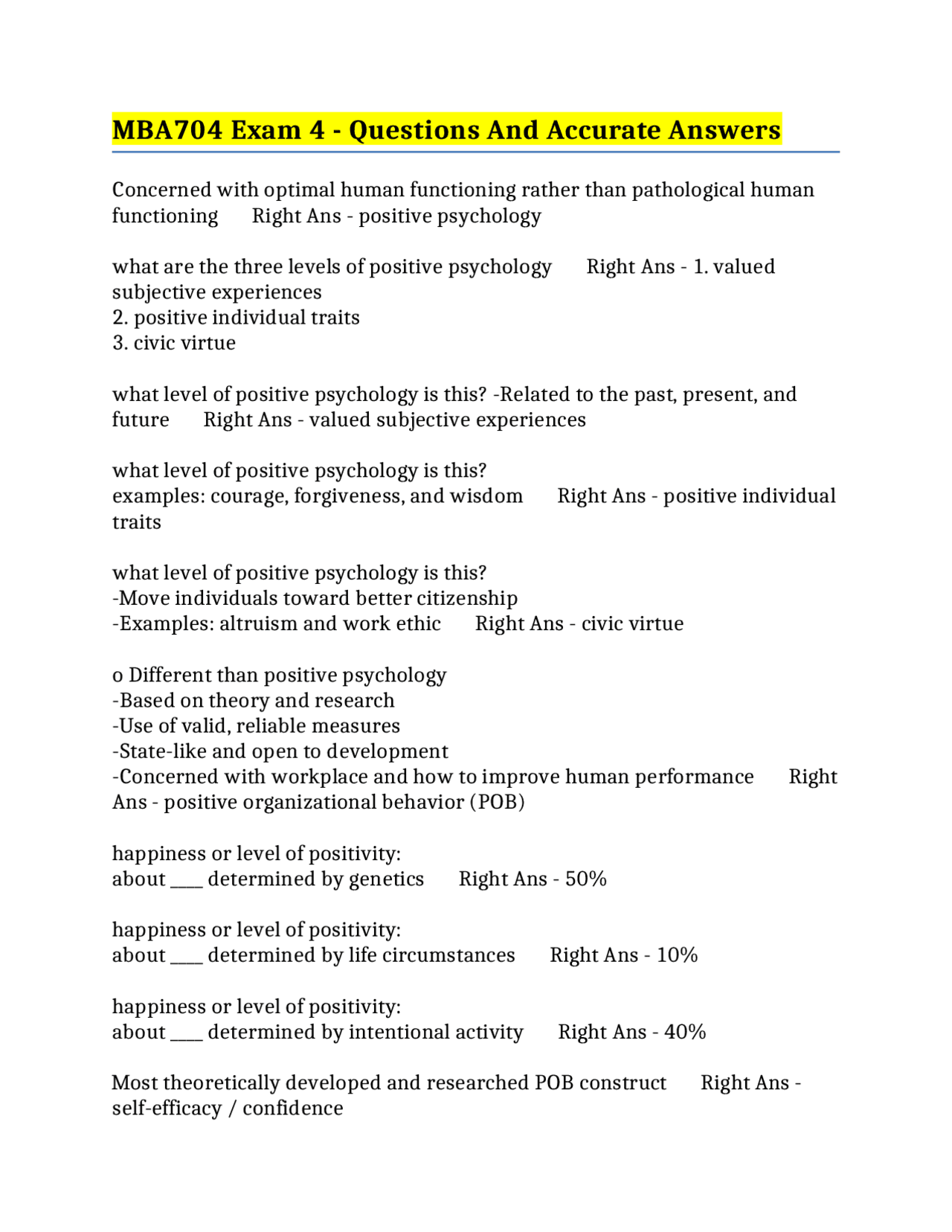 MBA704 Exam 4 - Questions and Answers: Positive Psychology and ...