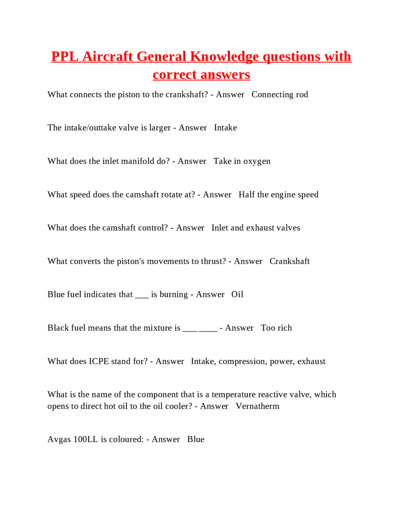 PPL Aircraft General Knowledge Questions and Answers | Exams Nursing ...