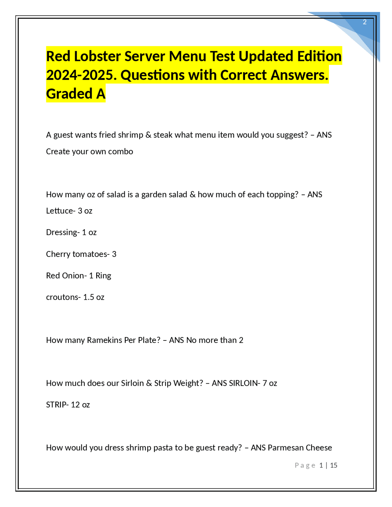 Red Lobster Server Menu Test Updated Edition 2024-2025. Questions with ...