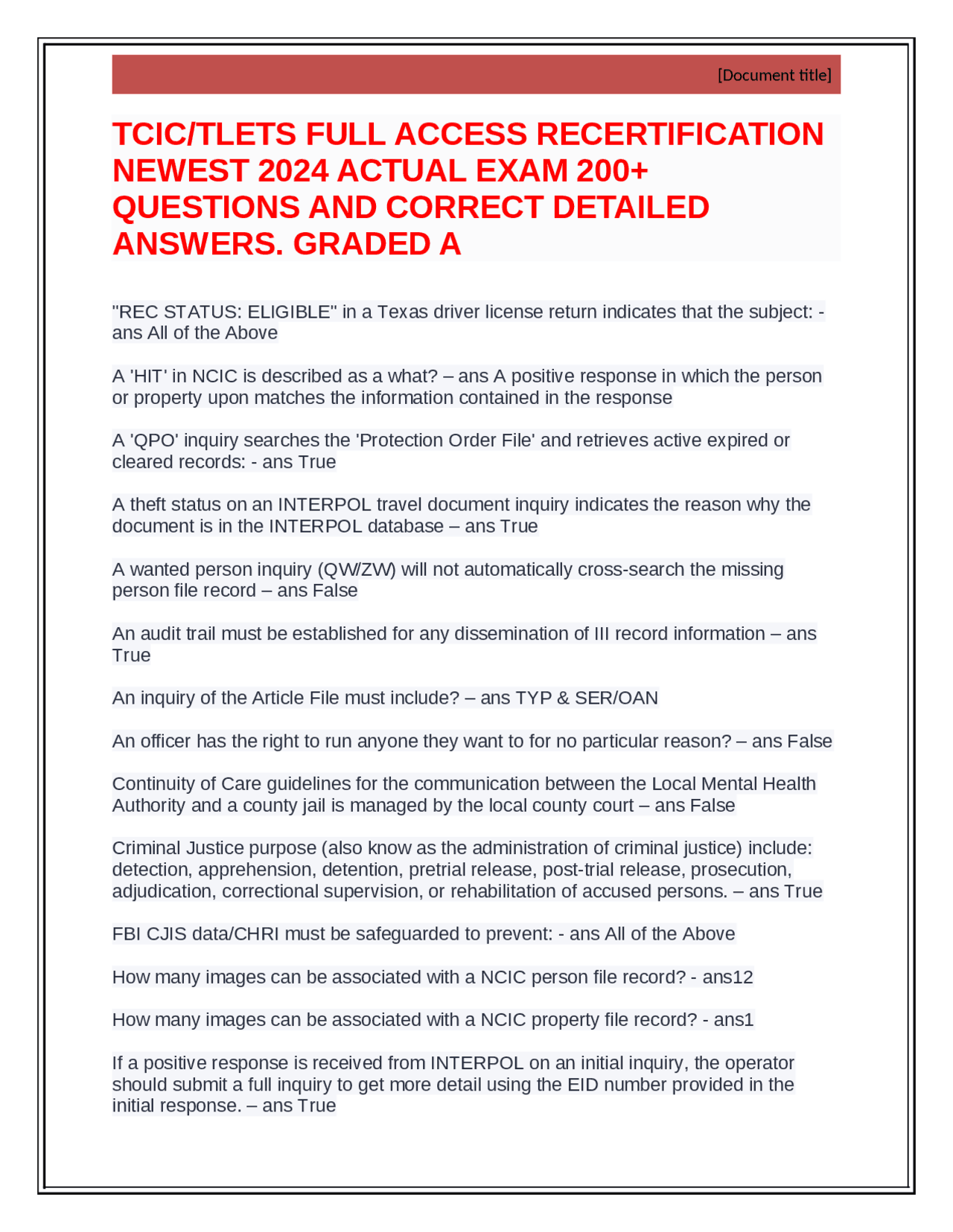 TCIC/TLETS FULL ACCESS RECERTIFICATION NEWEST 2024 ACTUAL EXAM 200 ...