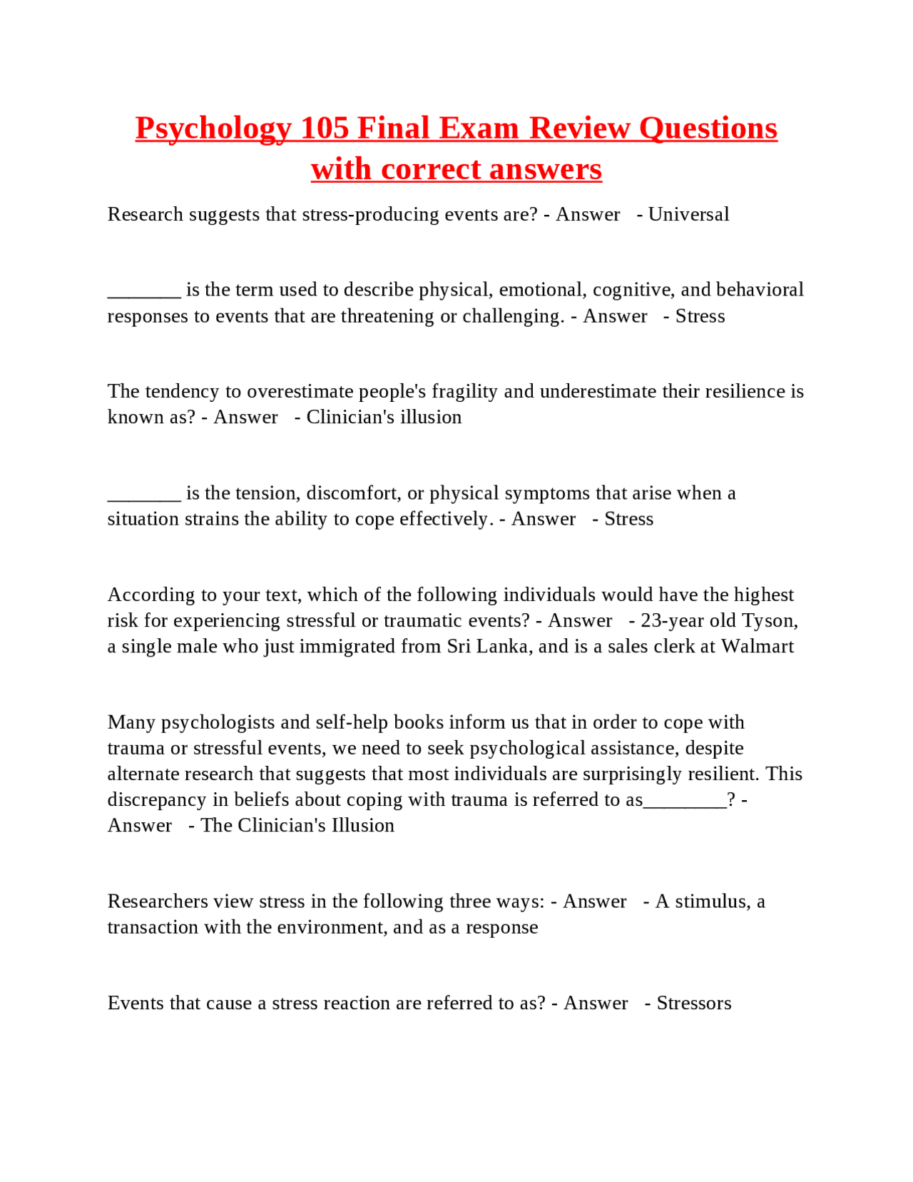 Psychology 105 Final Exam Review Questions with Answers | Exams ...