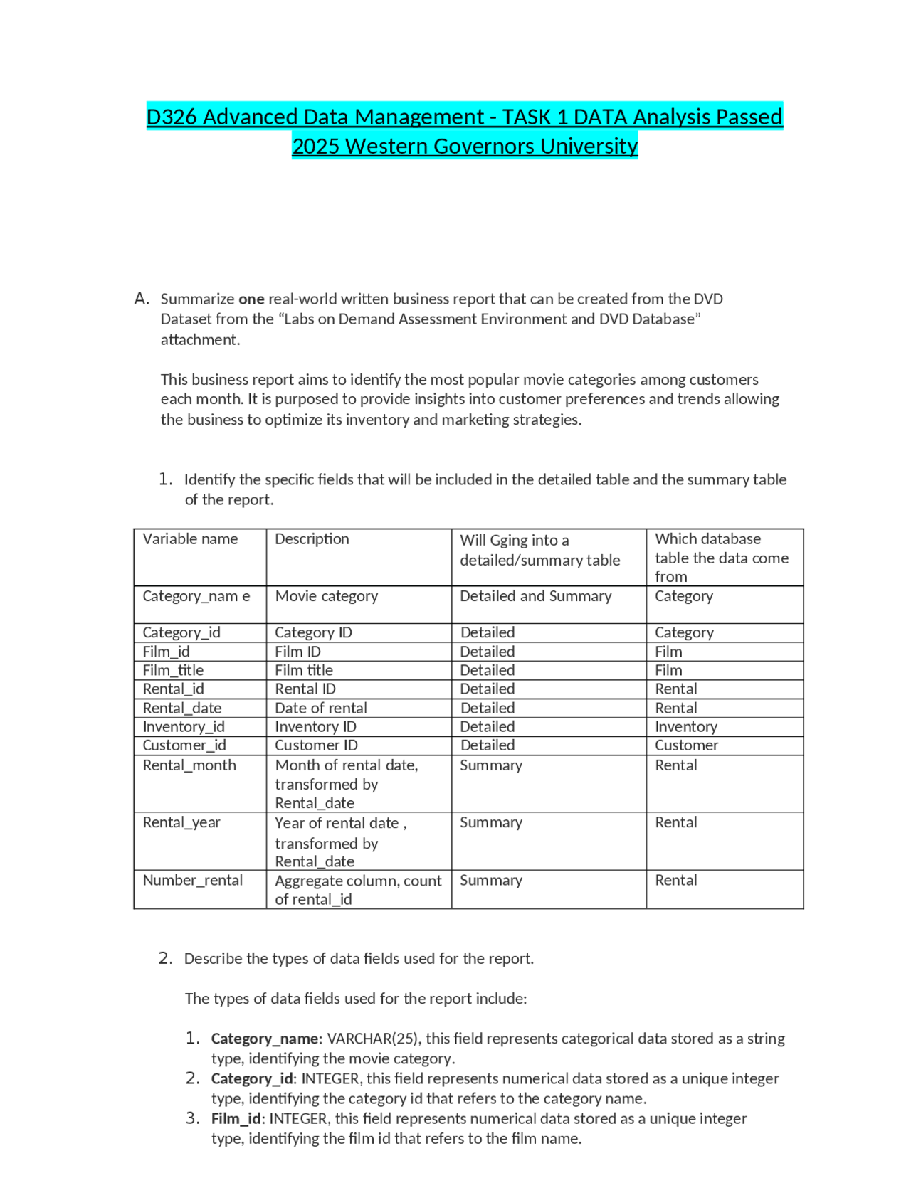 Advanced Data Management - Task 1: Data Analysis for Movie Rental ...