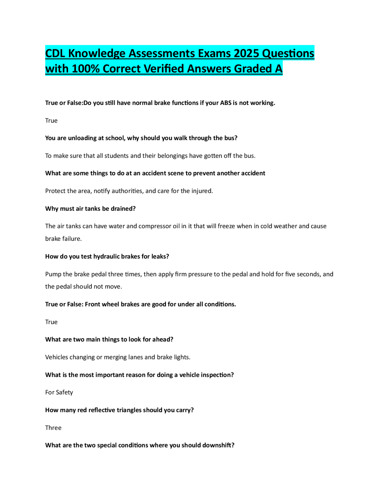 CDL Knowledge Assessments Exams 2025 Questions with 100% Correct ...
