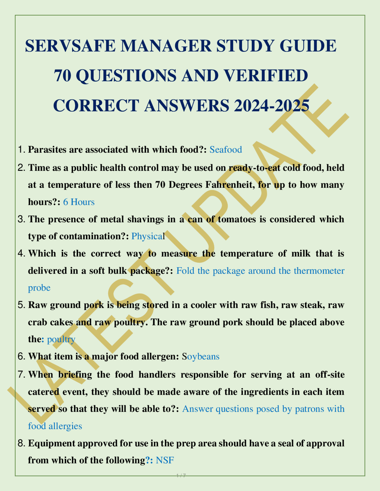 SERVSAFE MANAGER STUDY GUIDE 70 QUESTIONS AND VERIFIED CORRECT ANSWERS ...