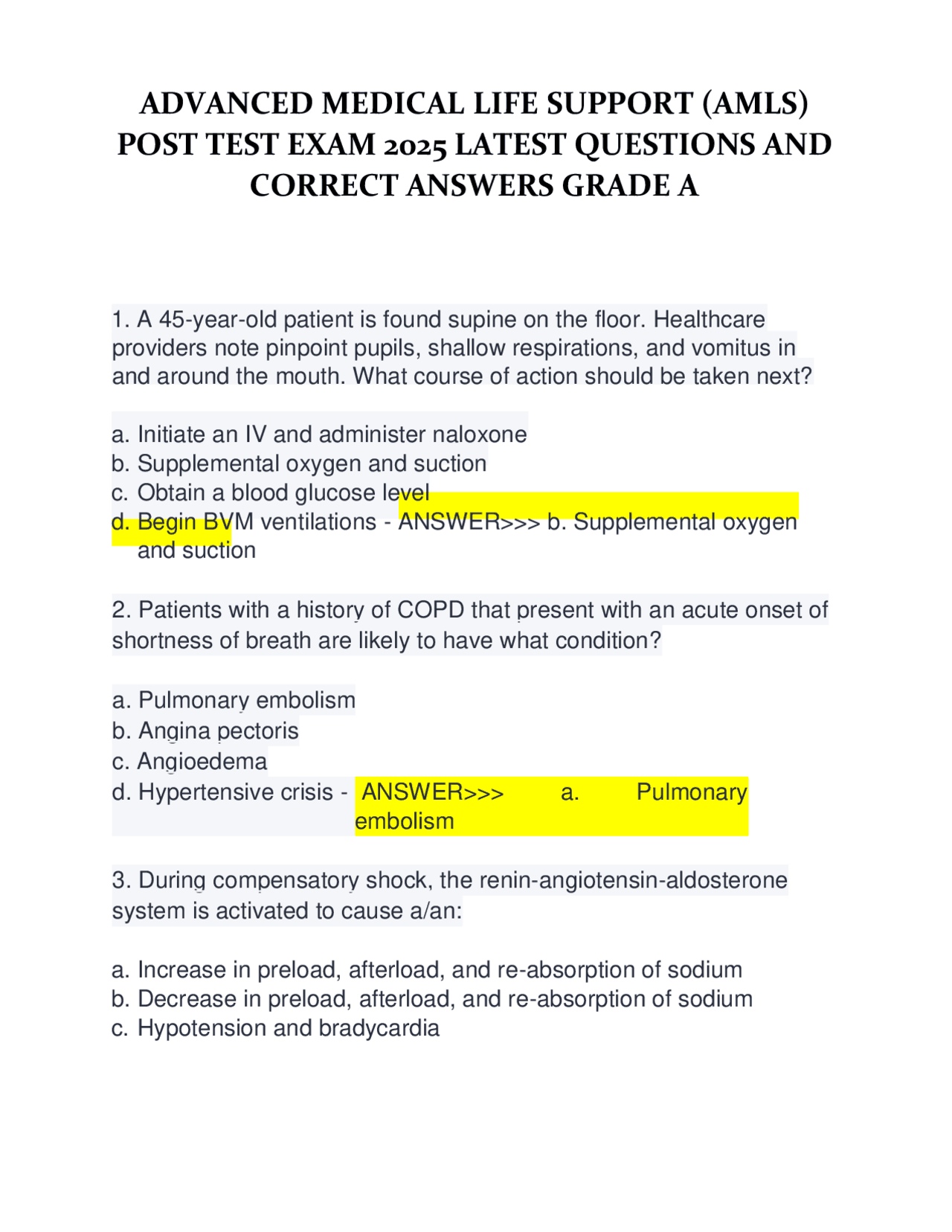 ADVANCED MEDICAL LIFE SUPPORT (AMLS) POST TEST EXAM 2025 LATEST ...